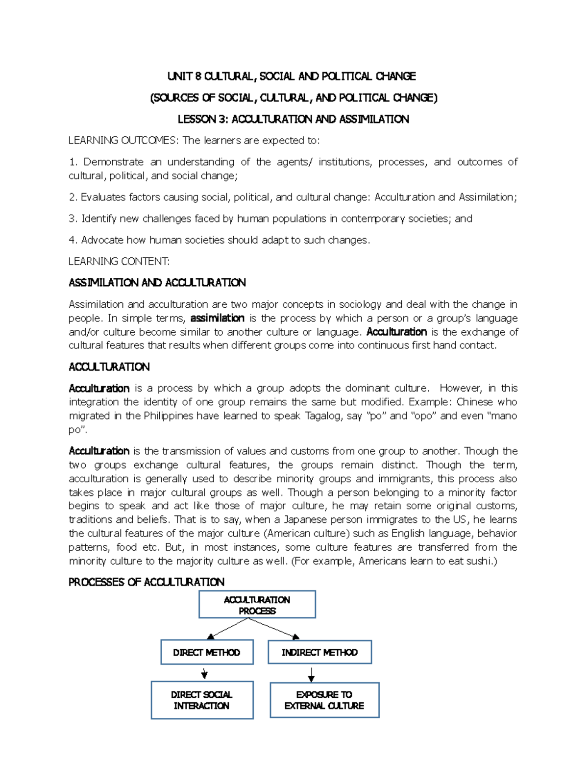 UCSP UNIT 8: Lesson 3 on Acculturation and Assimilation Dynamics - Studocu