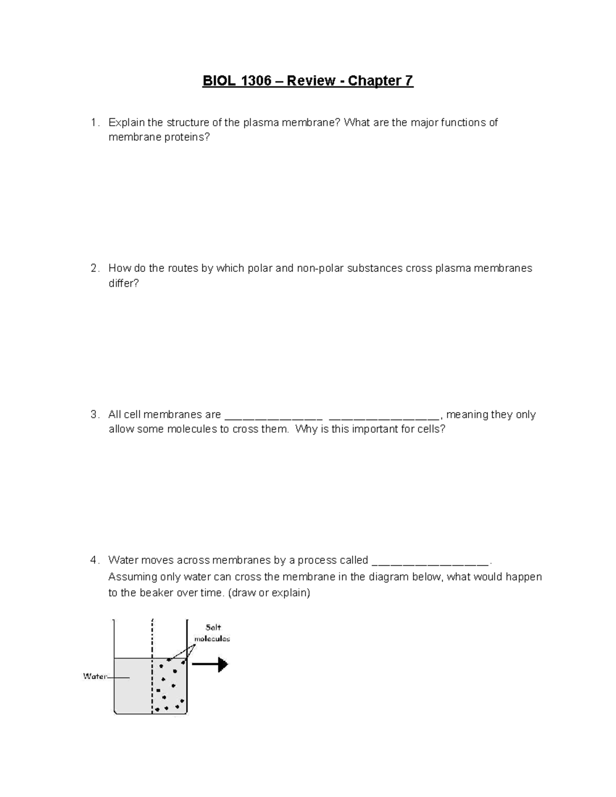 BIOL 1306 Chapter 7 Review: Plasma Membrane Structure & Function - Studocu
