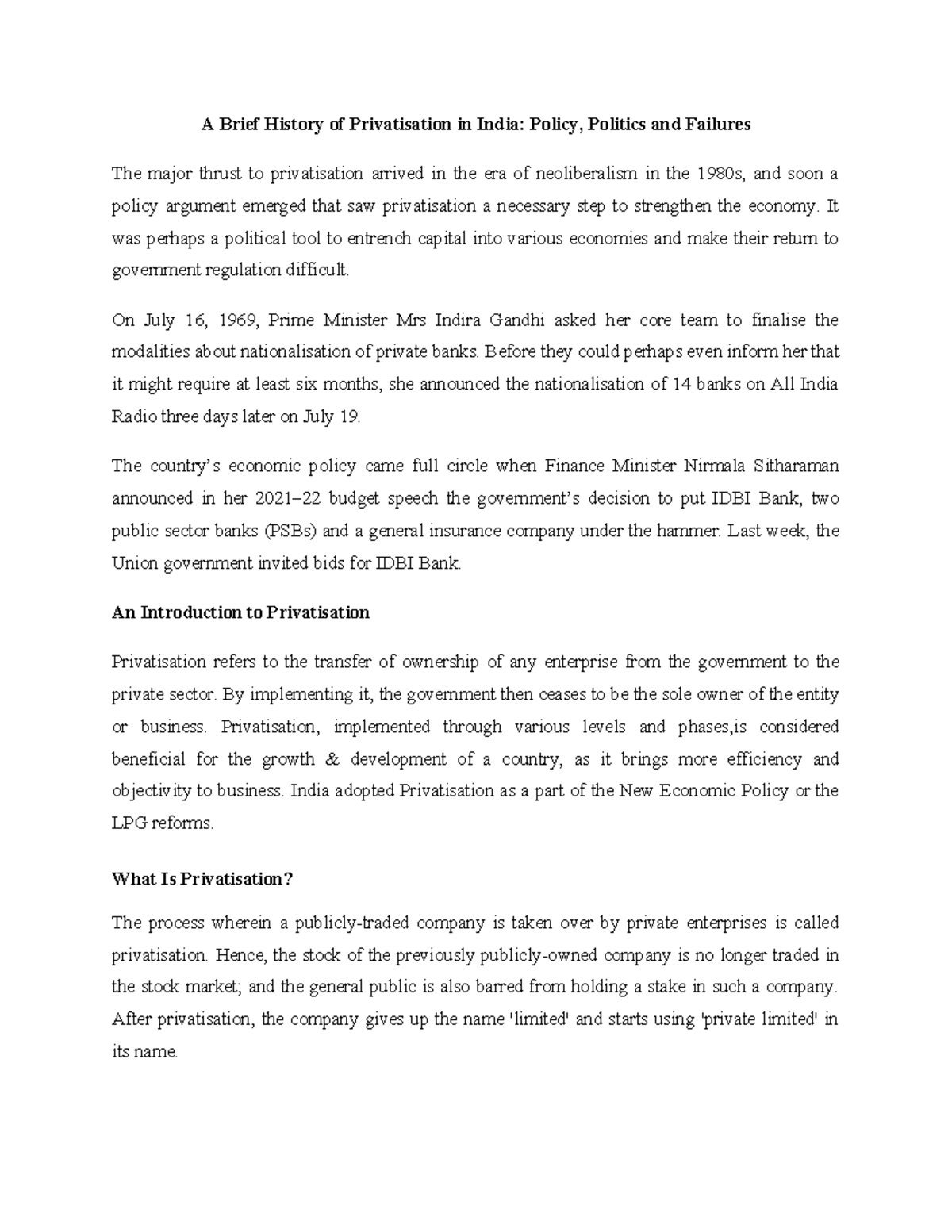 Privatisation in india economics - A Brief History of Privatisation in ...