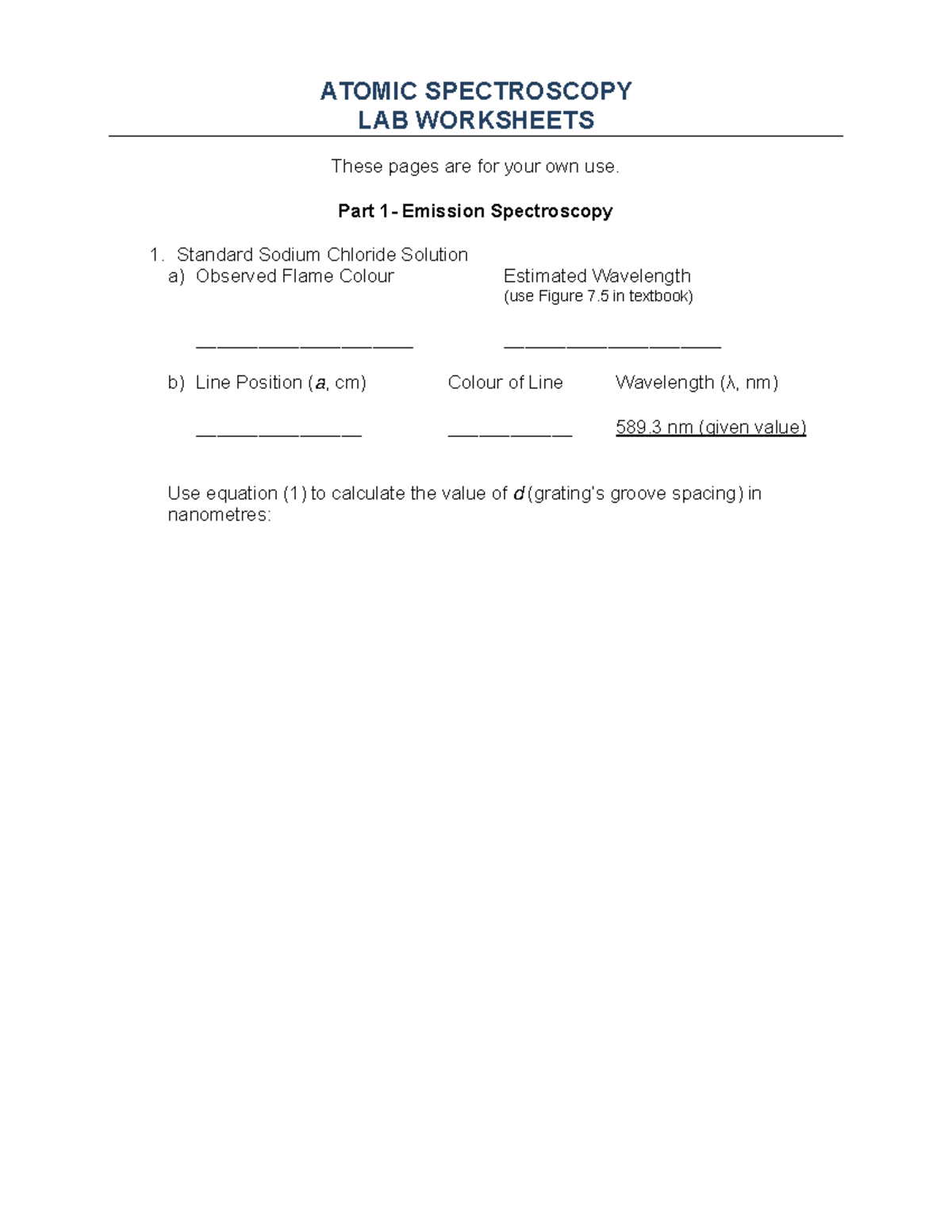 Atomic Spectroscopy Worksheets - BIOL1000 - Yorku - Studocu