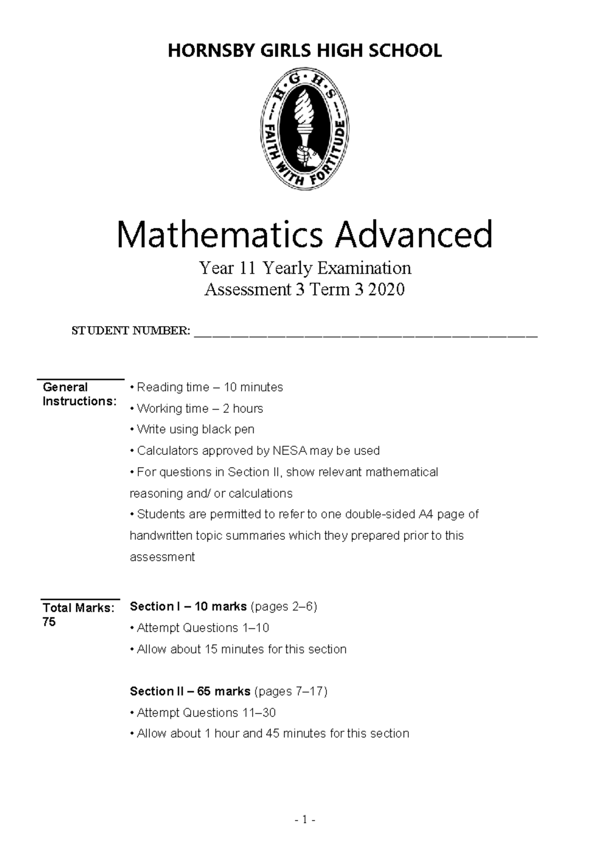 Year 11 Mathematics Advanced Yearly Exam Term 3 2020 - Studocu