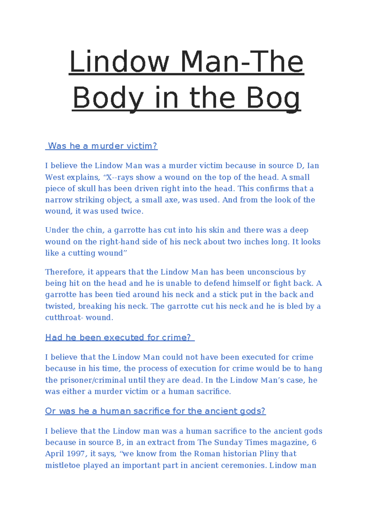 Body in the Bog - Essay on Lindow Man's Fate - Studocu