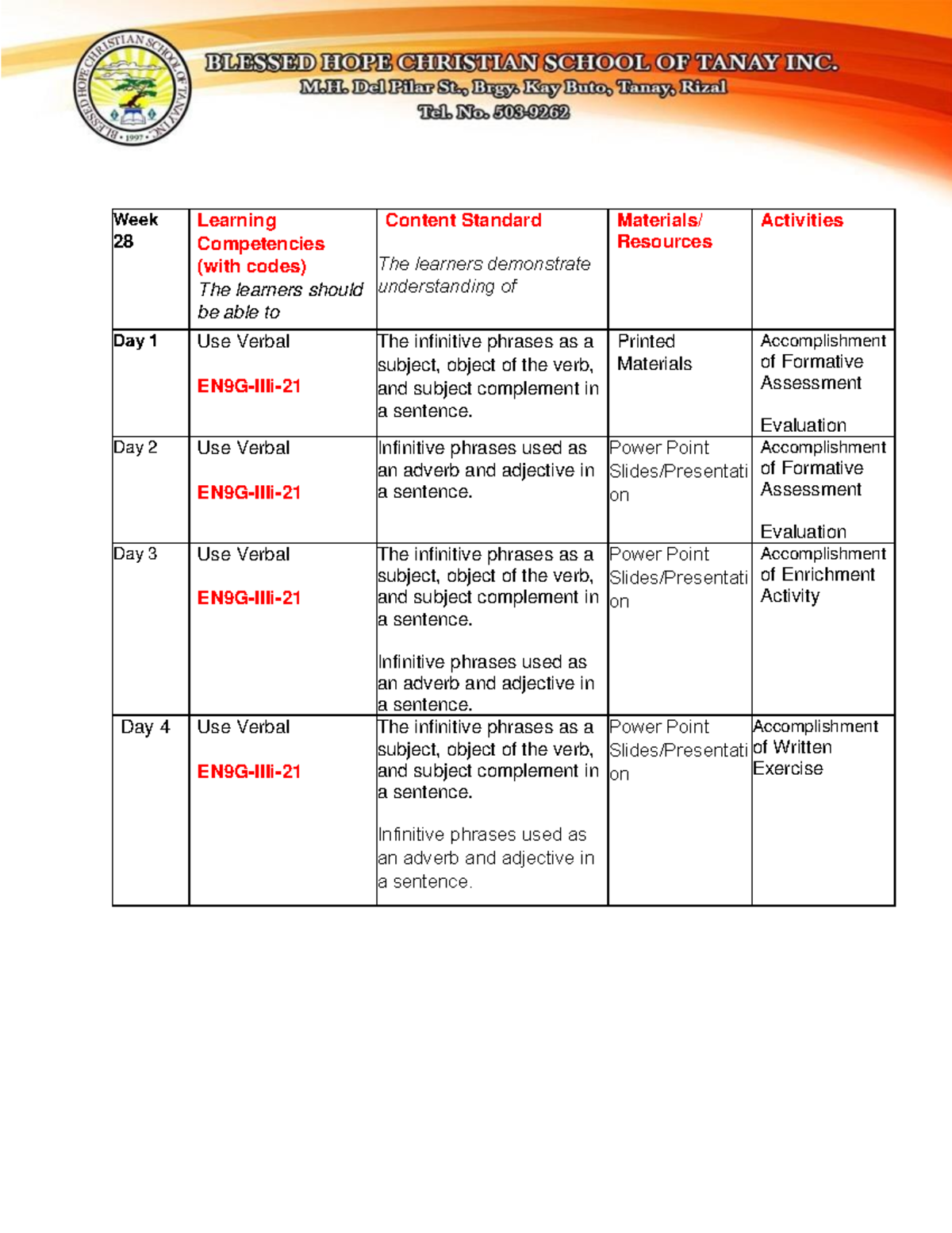 Week 28 English 9a - Infinitive Phrases Learning Activities - Studocu