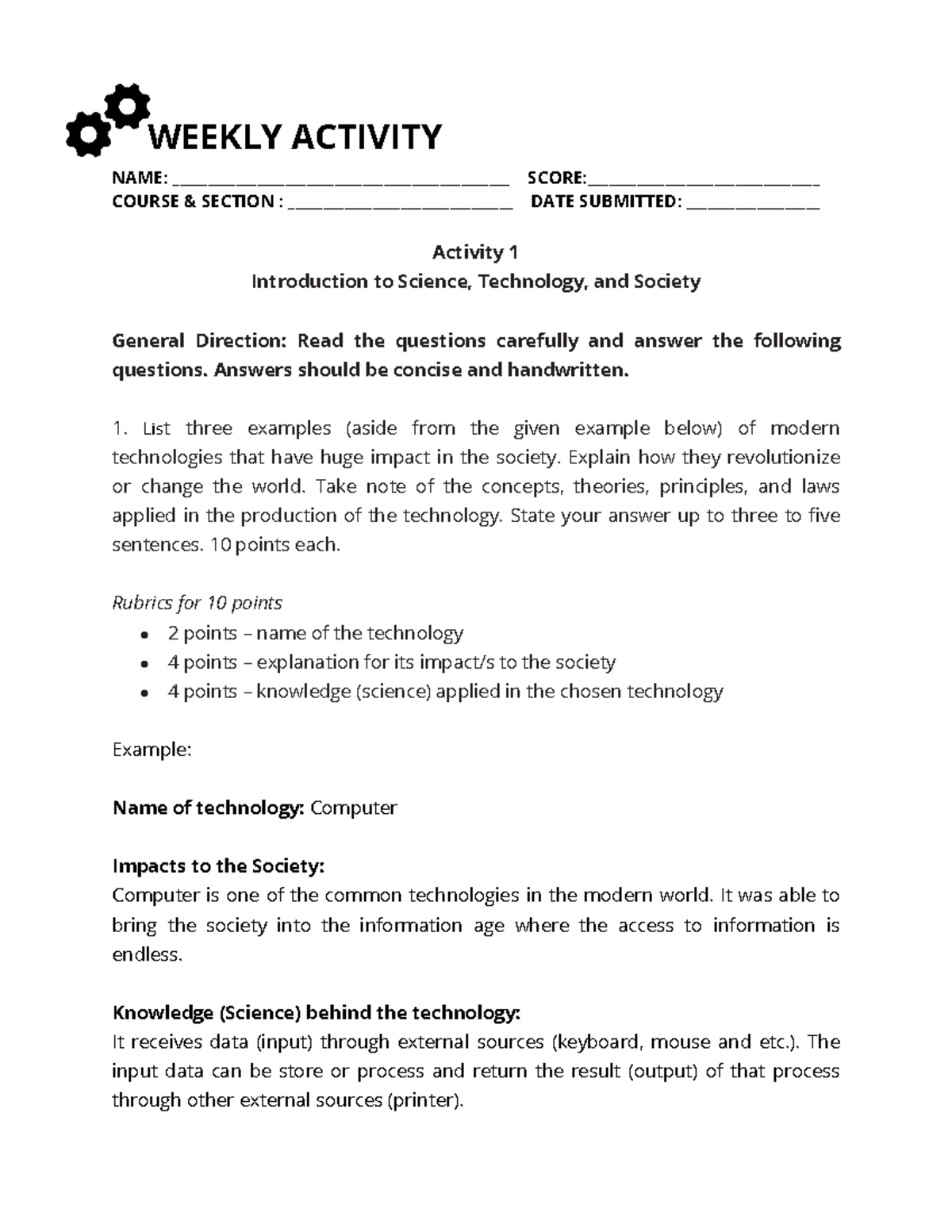 Weekly Activity about Introduction to Science, Technology and Society ...