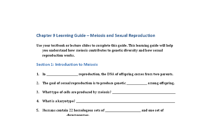Chapter 9 Learning Guide: Meiosis & Sexual Reproduction Concepts - Studocu