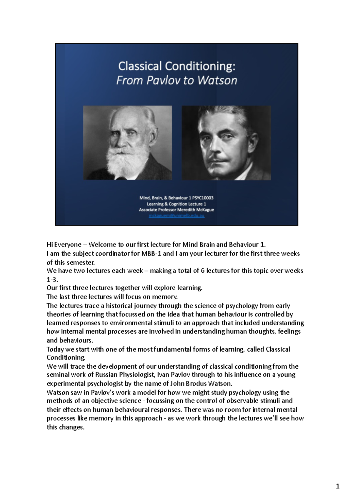 Classical Conditioning - Hi Everyone – Welcome to our first lecture for ...
