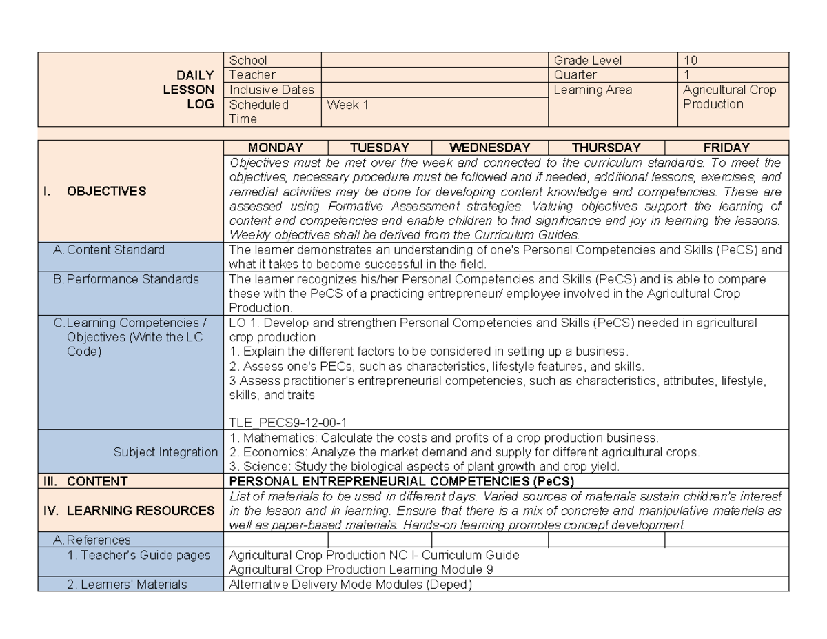 ACP10 Q1 DLL Week 1 - Agricultural Crop Lesson Plan and Activities - Studocu