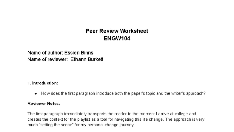 Peer Review Worksheet ENGW104: Insights & Suggestions - Studocu