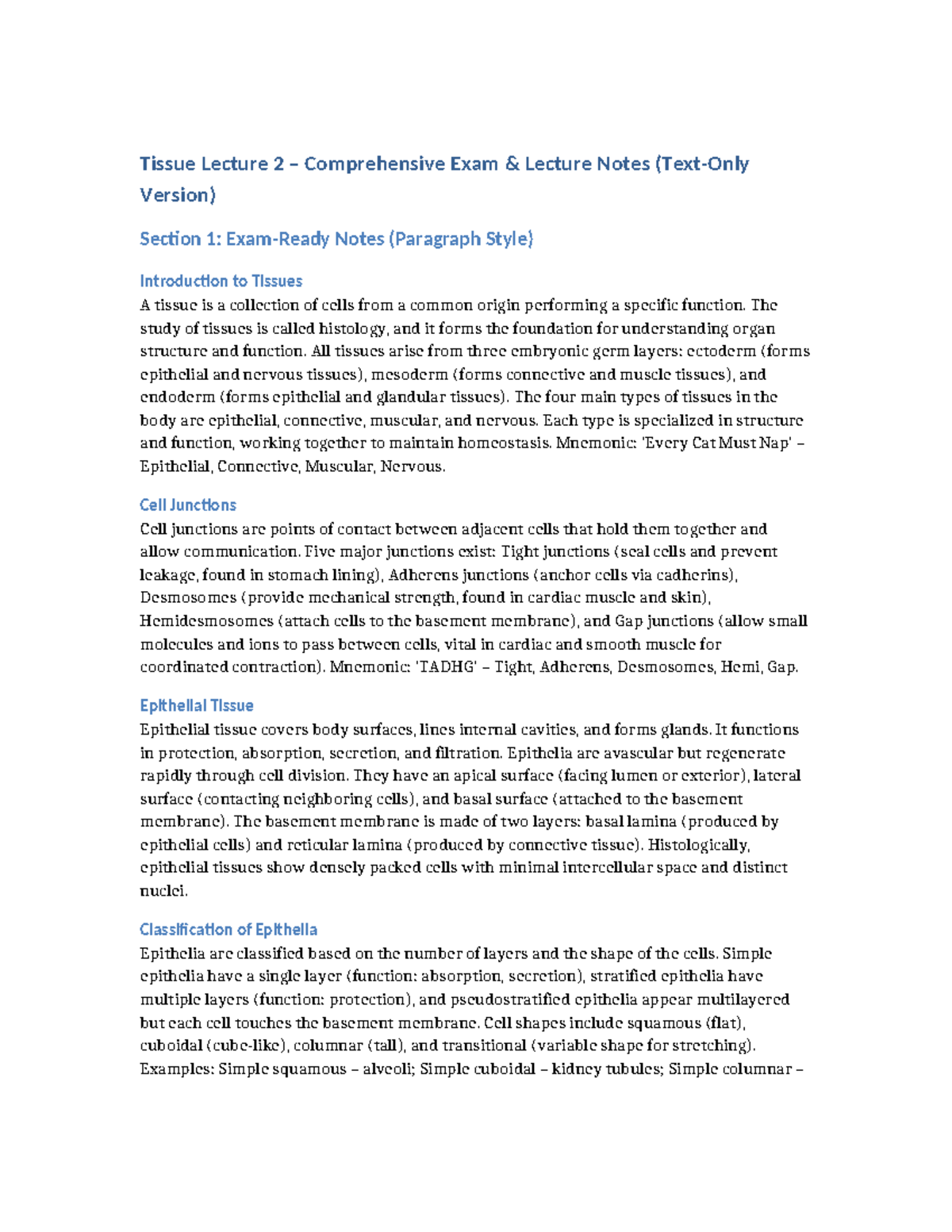 Tissue Lecture Notes (2034) - Comprehensive Overview and Mnemonics ...