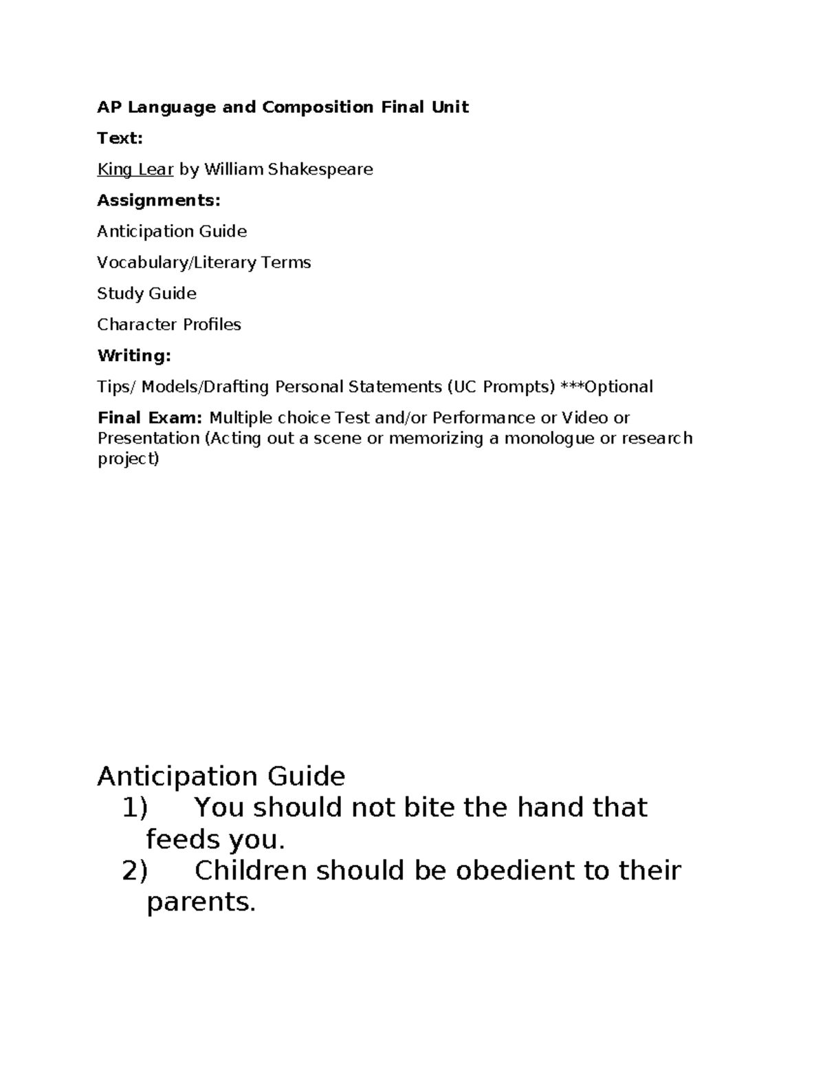 AP Lang Comp: King Lear Practice Unit with Study Guide and Assignments ...