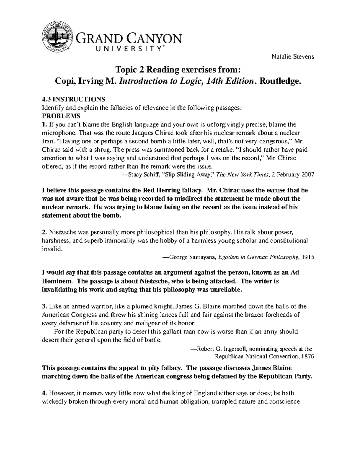 Topic 2 Reading Exercise - Topic 2 Reading exercises from: Copi, Irving M. Introduction to Logic ...