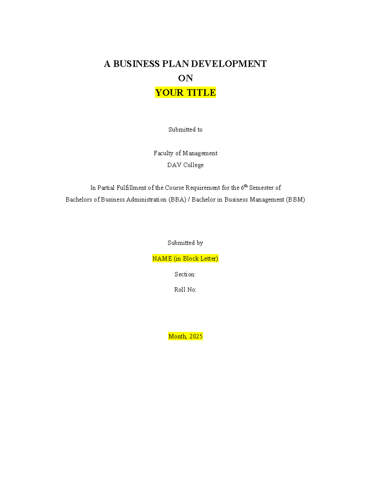 BBA 6th Sem: Business Plan Development Guide - Studocu