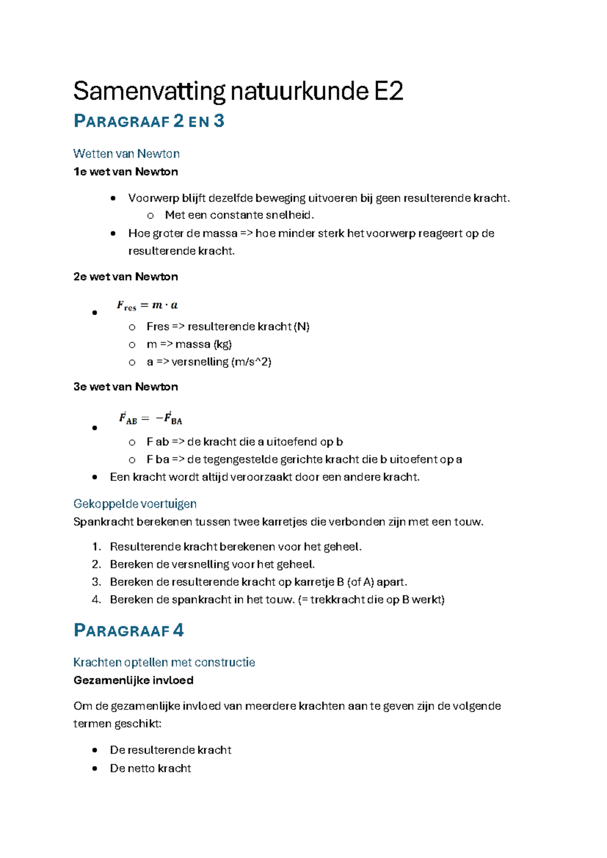 Samenvatting Natuurkunde E2: Wetten van Newton en Krachtenanalyse ...