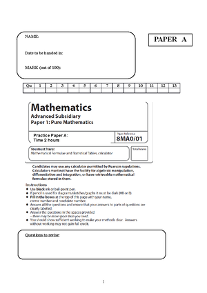 A Level Formula Booklet - Pearson Edexcel Level 3 Advanced Subsidiary ...