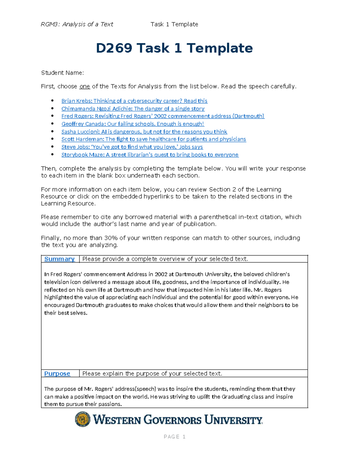 RGM3: Analysis of Fred Rogers' 2002 Commencement Speech (D269) - Studocu