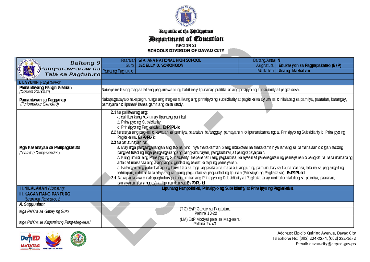 Es P9 Q1 M2 - ESP Grade 9 Q1 Module 2 Lesson Plan on Political Society ...