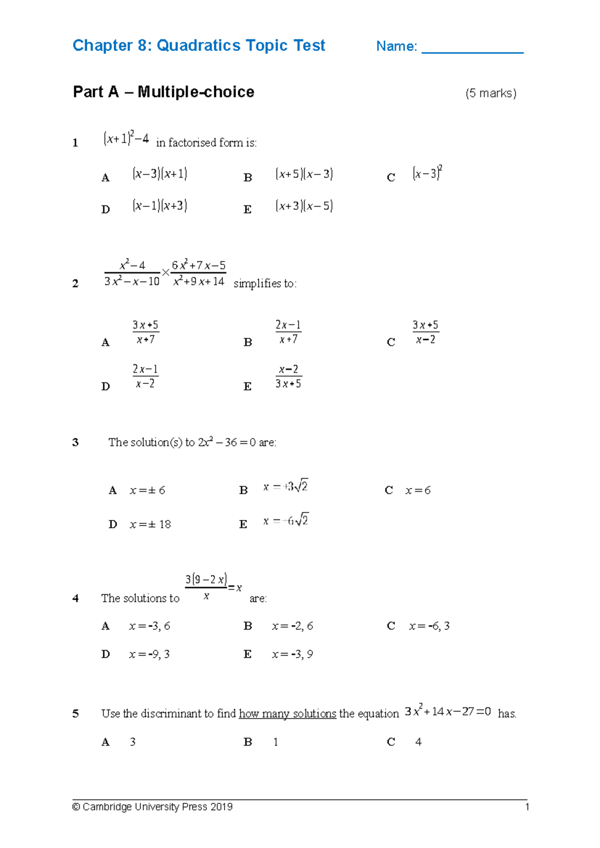 CH 8 Topic TEST - shortened - Chapter 8: Quadratics Topic Test Name ...