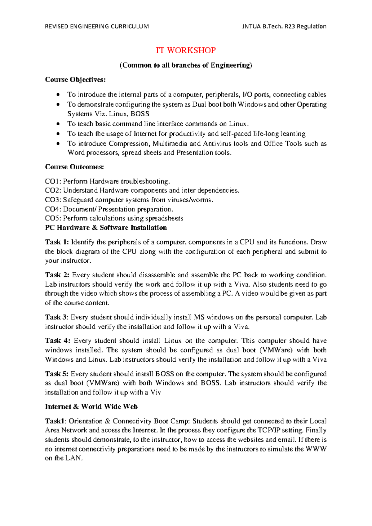 IT Workshop - Jntua syllabus - REVISED ENGINEERING CURRICULUM JNTUA B ...