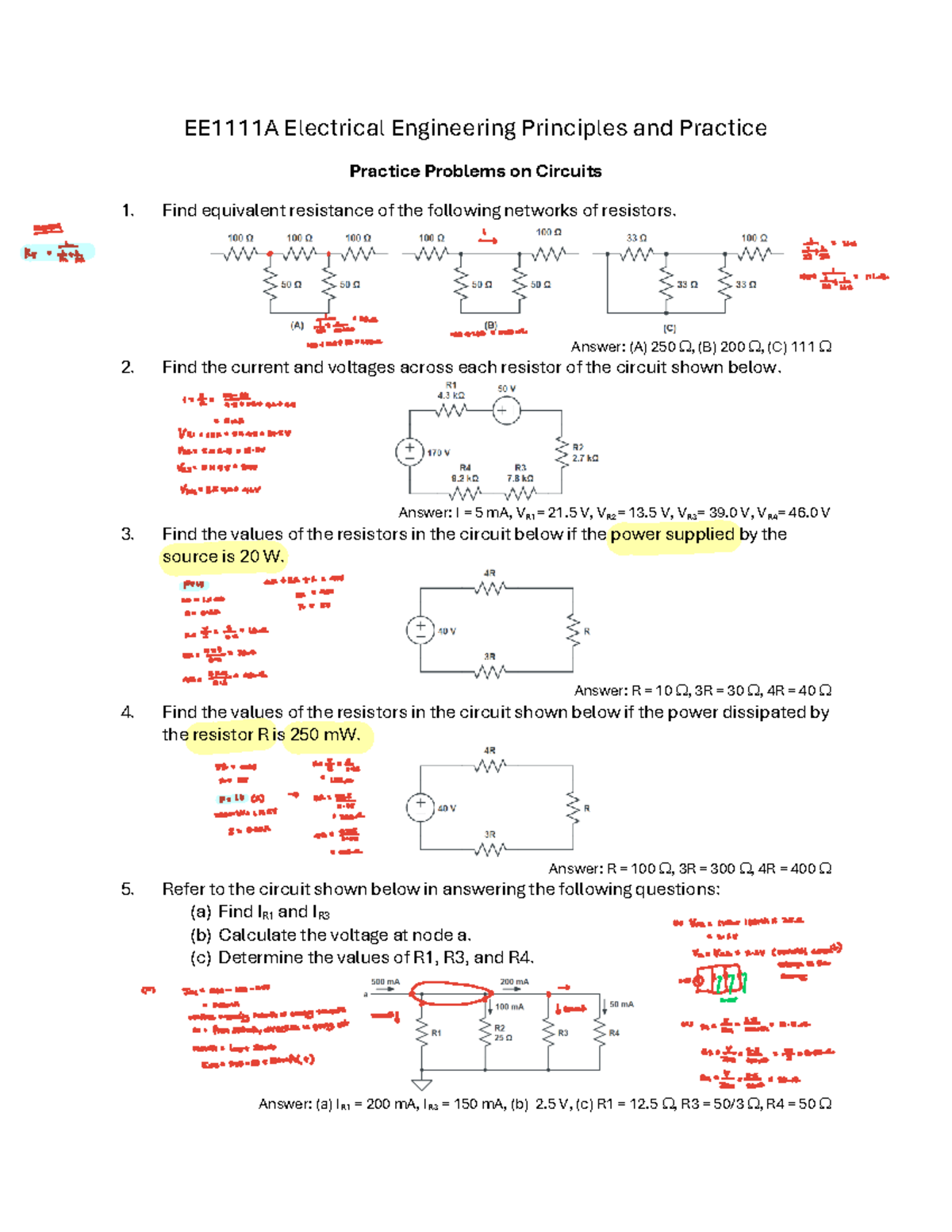 EE 101: Practice Problems on DC Circuits and Resistor Networks - Studocu