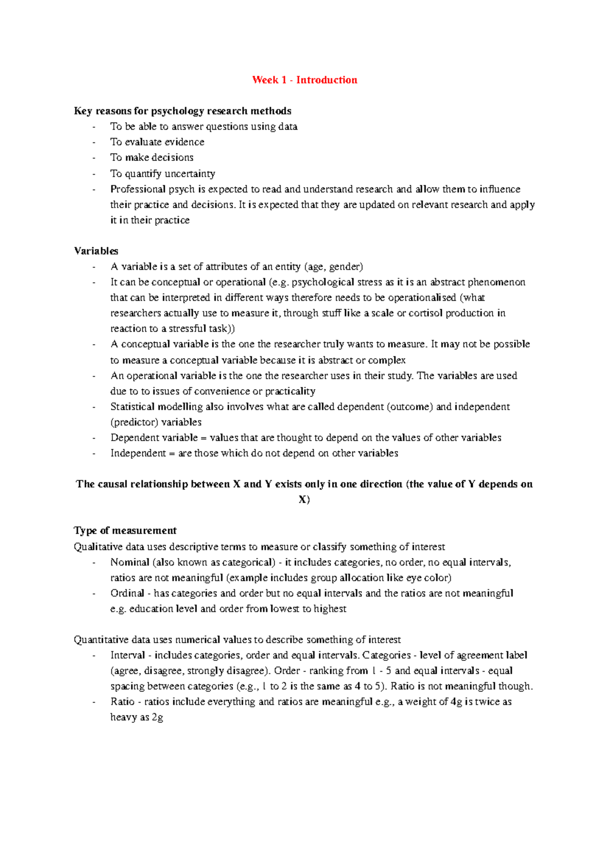 Research Methods PSY101 - Week 1 Introduction Notes - Studocu