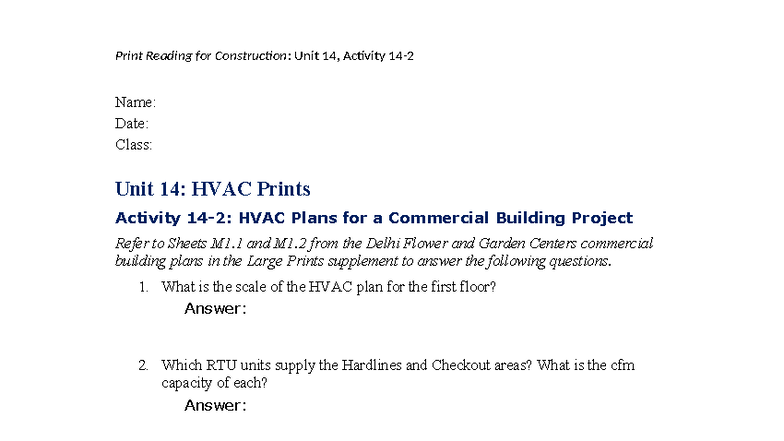 HVAC Plans Activity: GW 14-2 Homework for Construction Unit 14 - Studocu