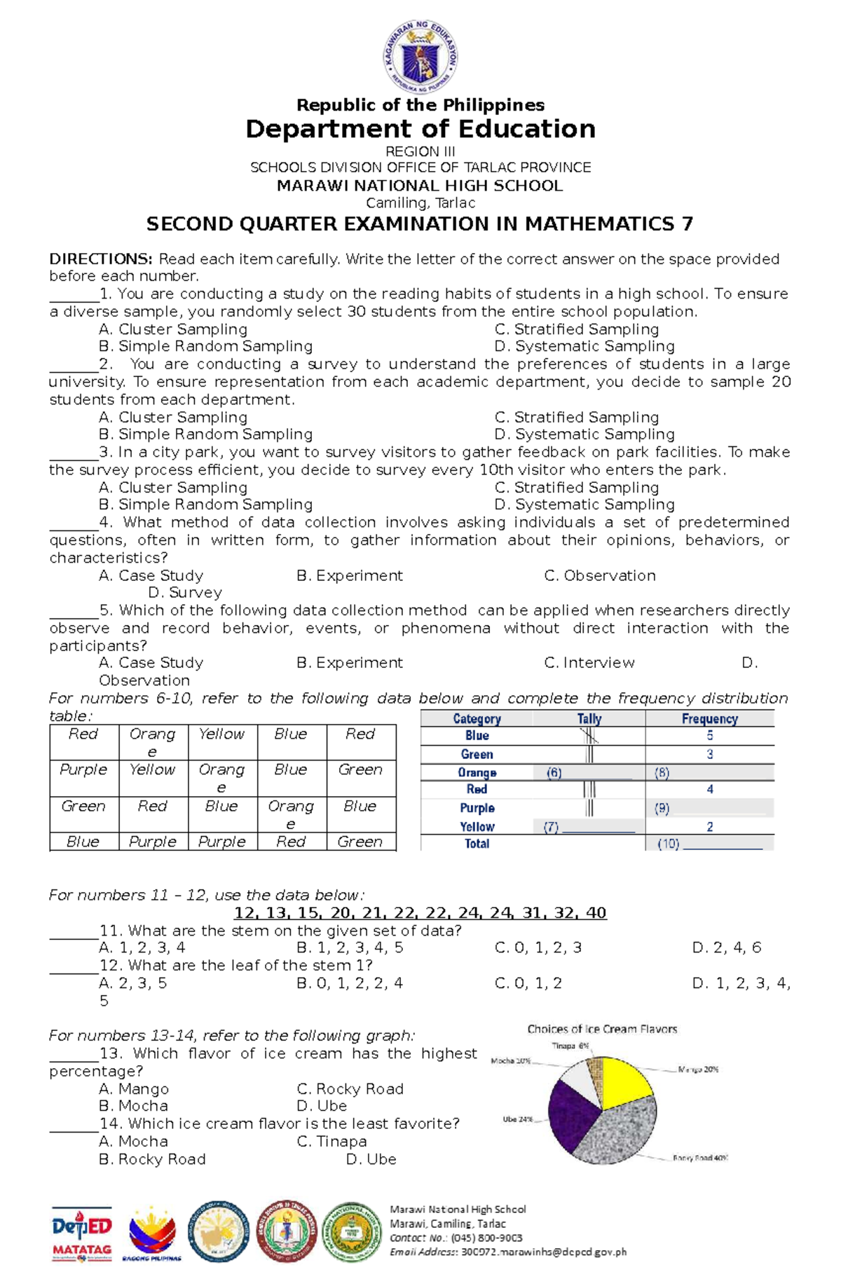 Mathematics 7: Third Quarter Exam Review and Practice - Studocu