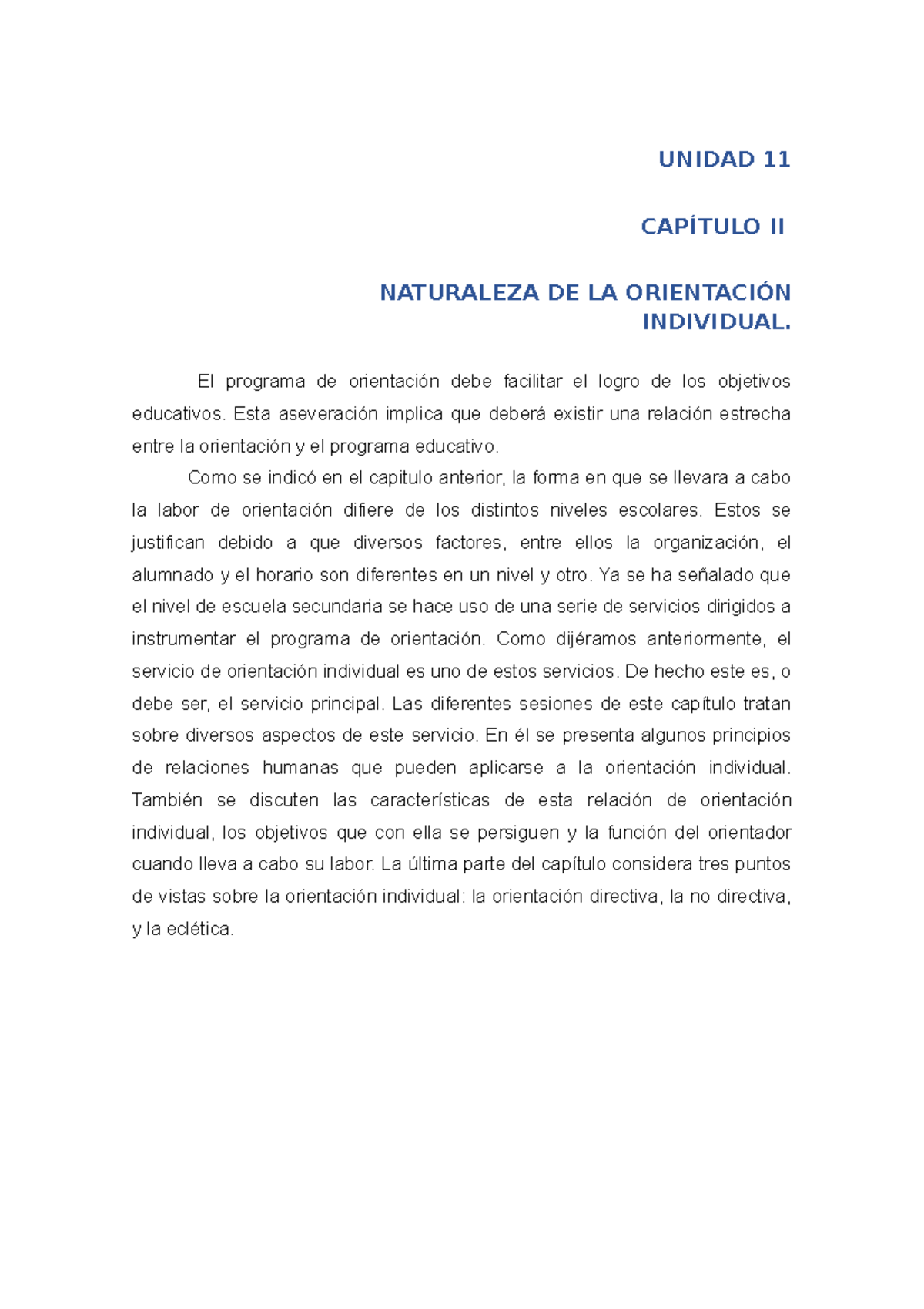 Unidad 11: Naturaleza de la Orientación Individual en Educación - Studocu