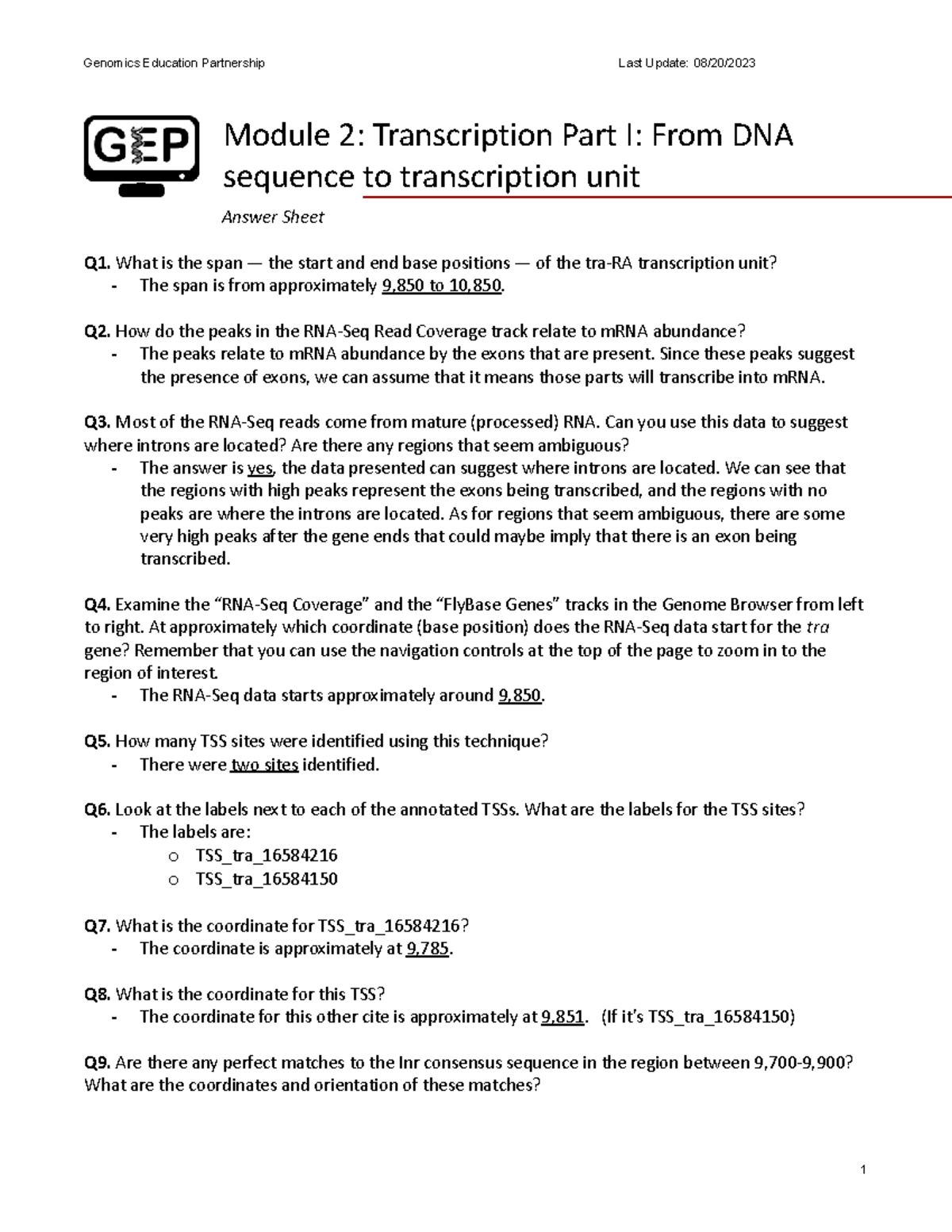 Module 2: Transcription Part I Answer Sheet Overview and Insights - Studocu