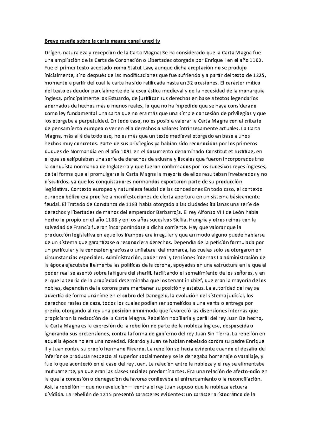 Breve Reseña sobre la Carta Magna y el Privilegio de la Unión (HIST 101 ...