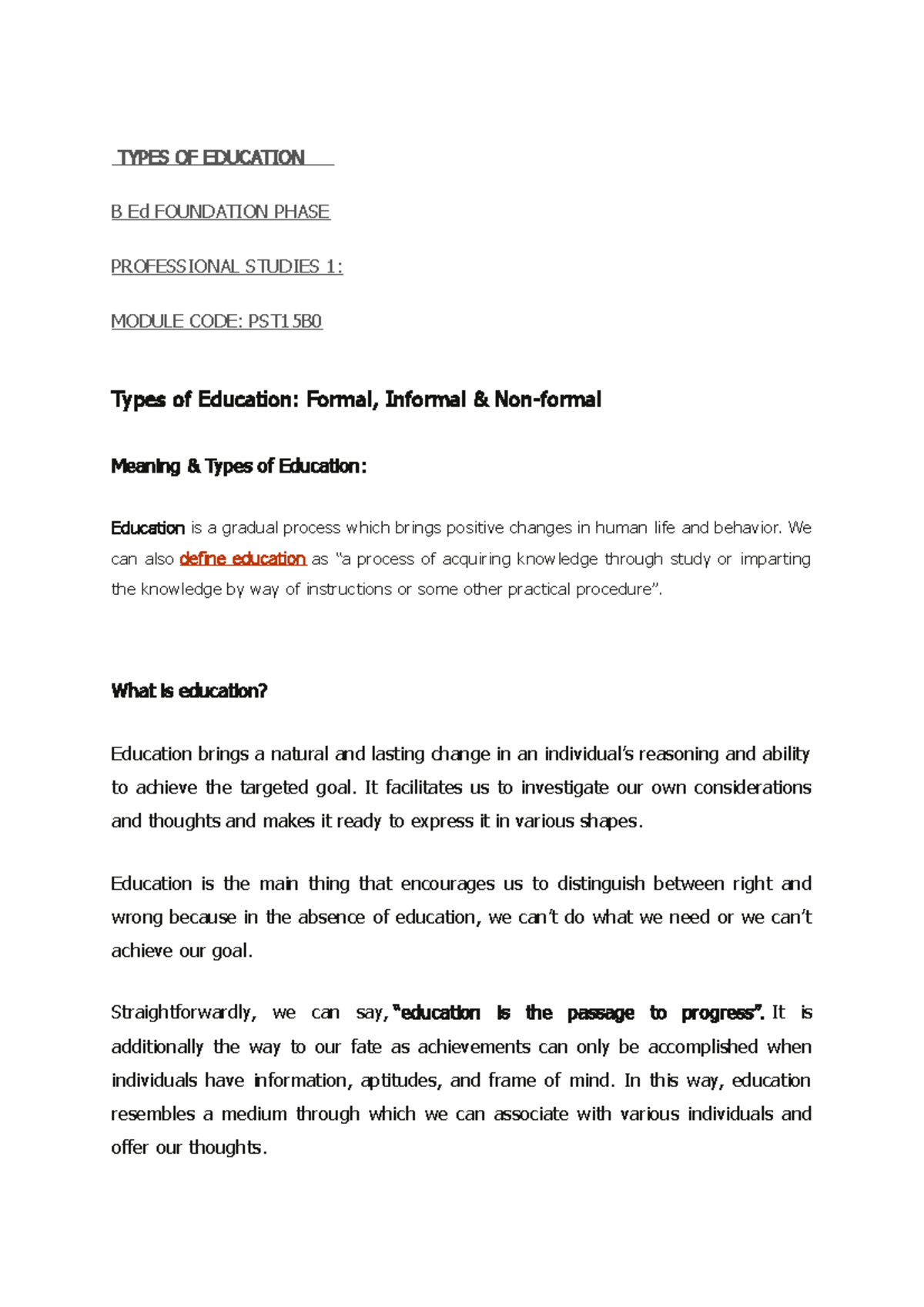 Professional Studies 1: Types of Education Overview PST15B - Studocu