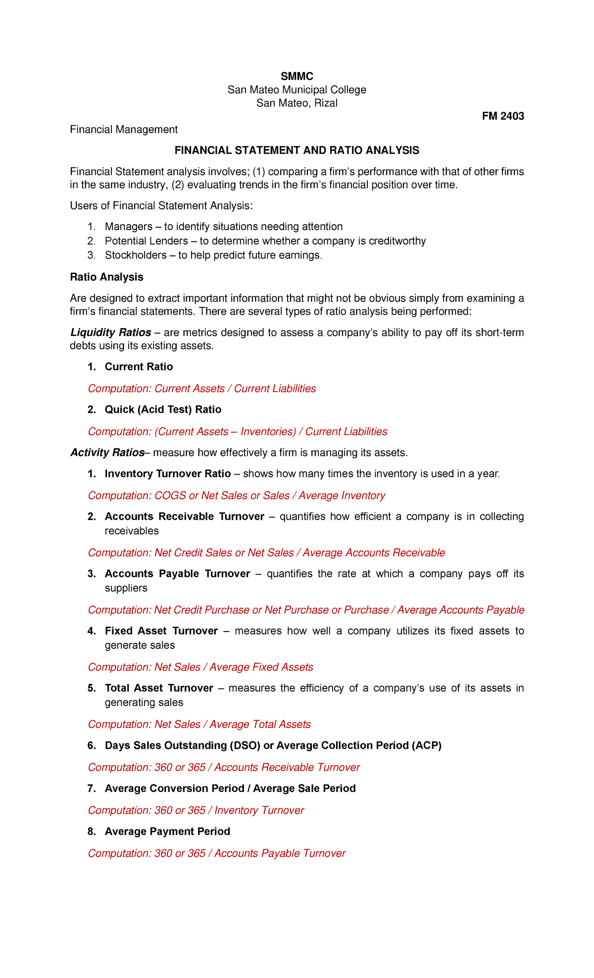 FM 2403 - Financial Statement and Ratio Analysis Lecture Notes - Studocu