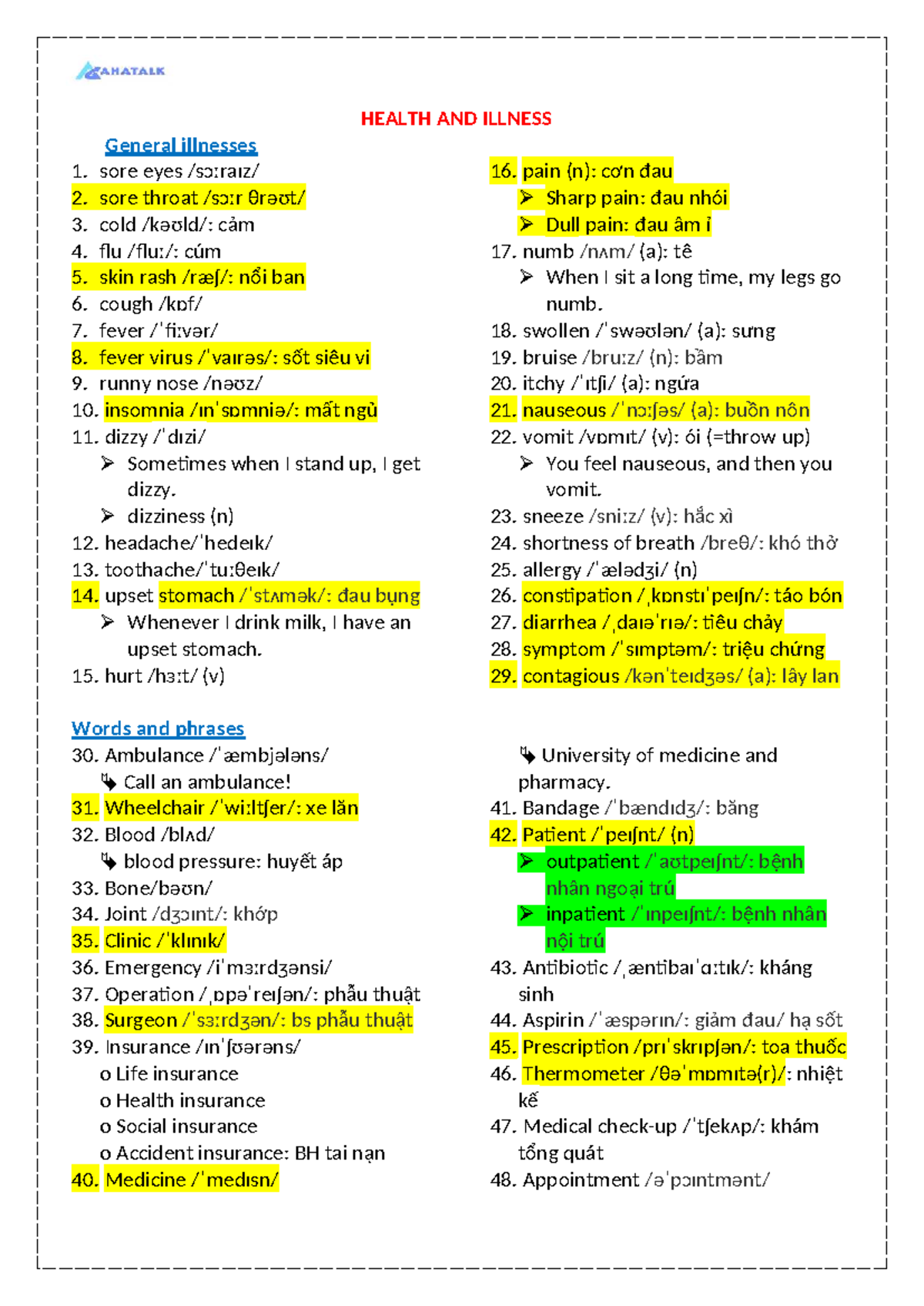 Health and Illness Vocabulary Guide 2K12 - Studocu