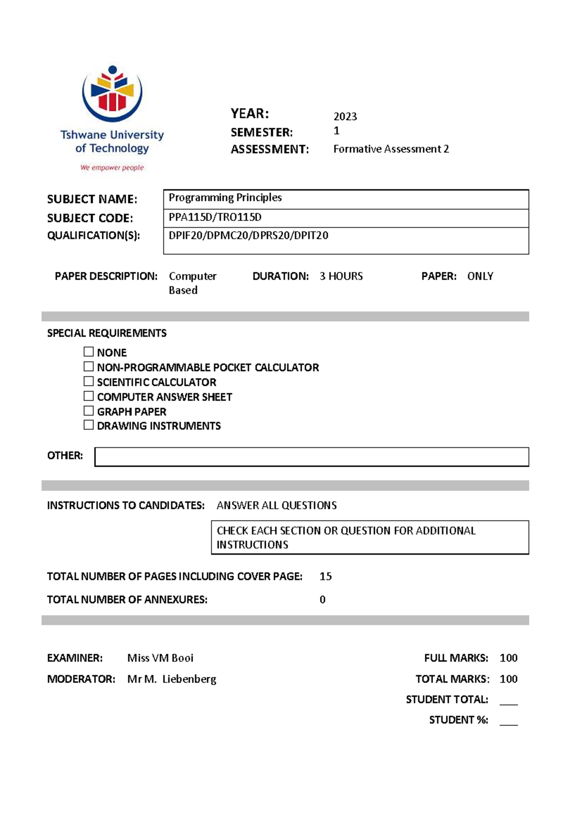 PPA115D TRO115D FA2 2023S1 Formative Assessment Paper - Studocu