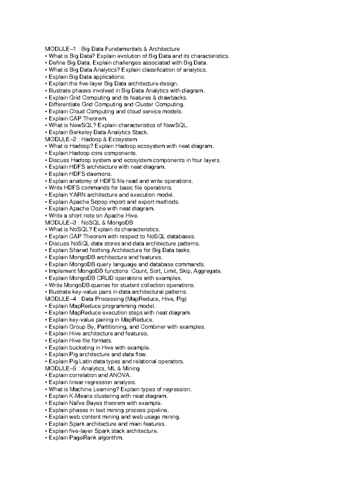 Big Data Analytics (BD101) Module Wise Questions and Concepts - Studocu