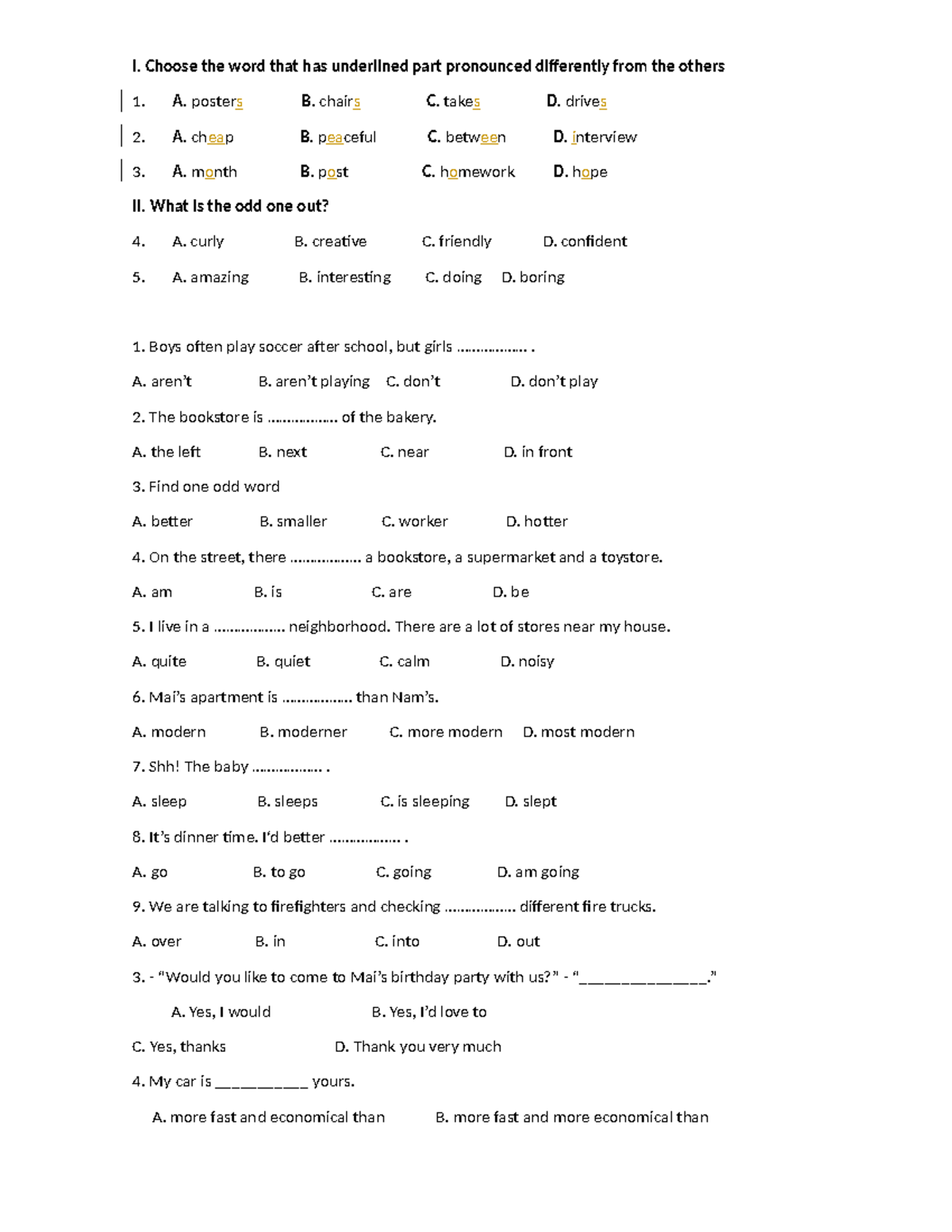 Bài Tập Tiếng Anh 26-05: Odd One Out & Verb Forms - Studocu