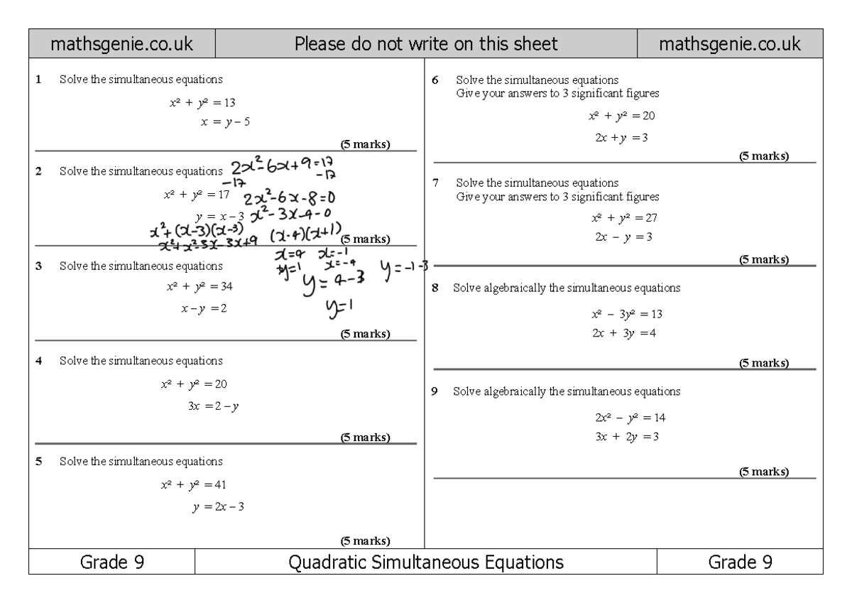 Grade 9 Quadratic Simultaneous Equations Worksheet - Studocu
