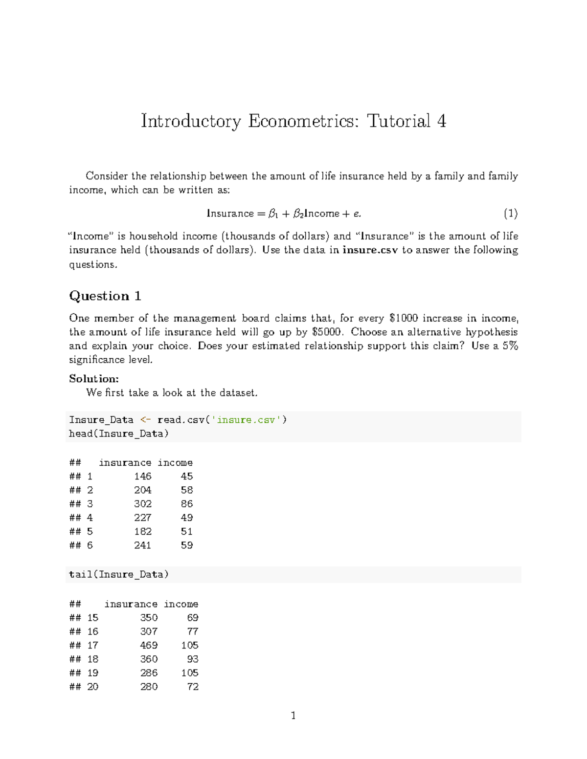 Week 4 Tut - tutorial solution for intro econometrics. a series of ...