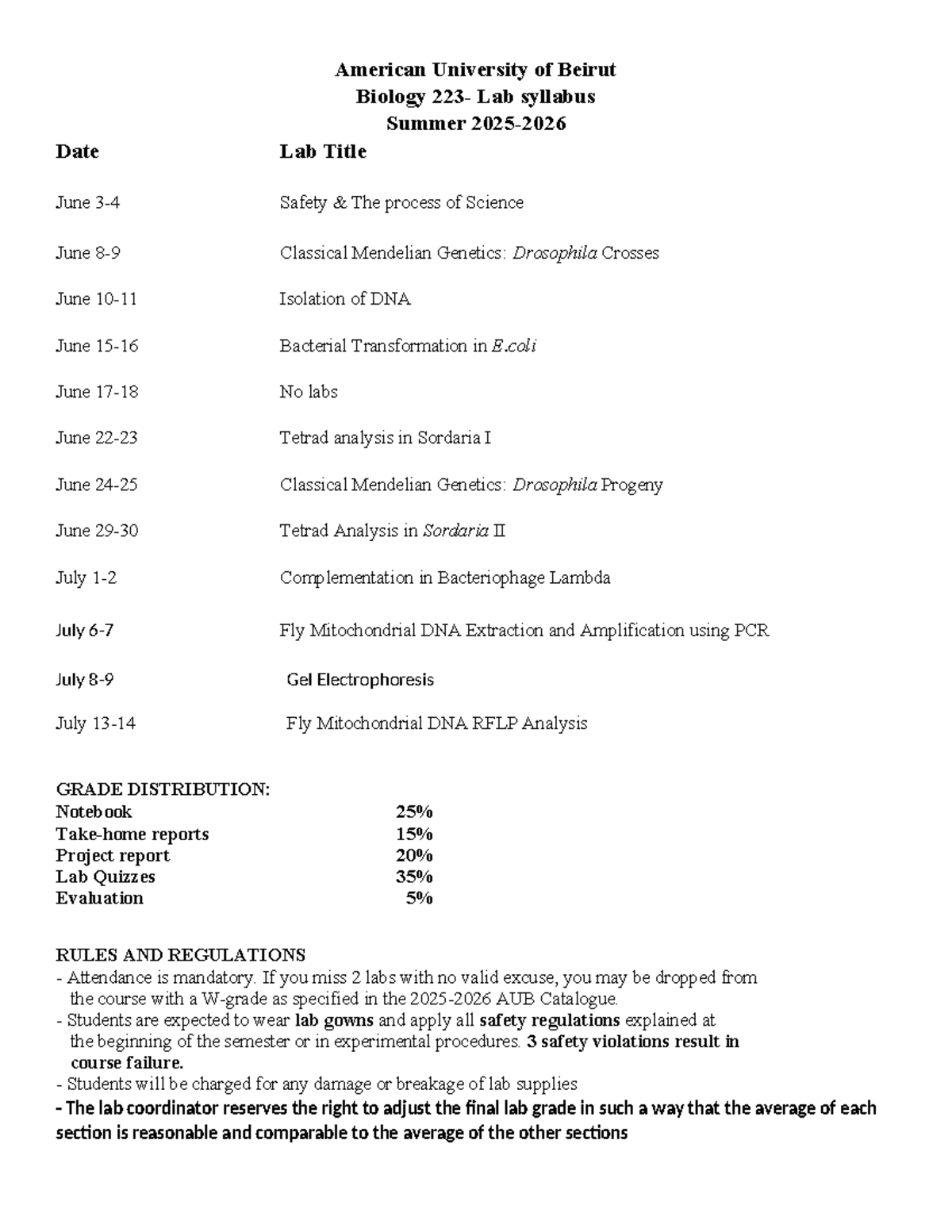 Bio223 - Summer Lab Syllabus: Safety & Genetics Experiments - Studocu