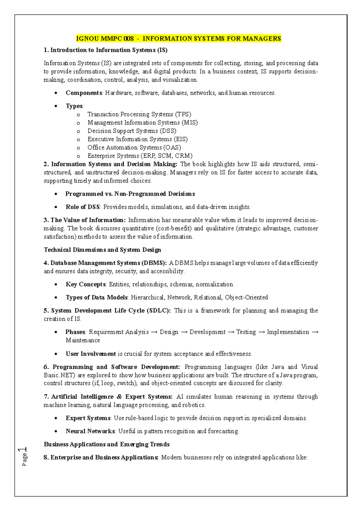 IGNOU MMPC 008 - Comprehensive Notes on Information Systems for ...