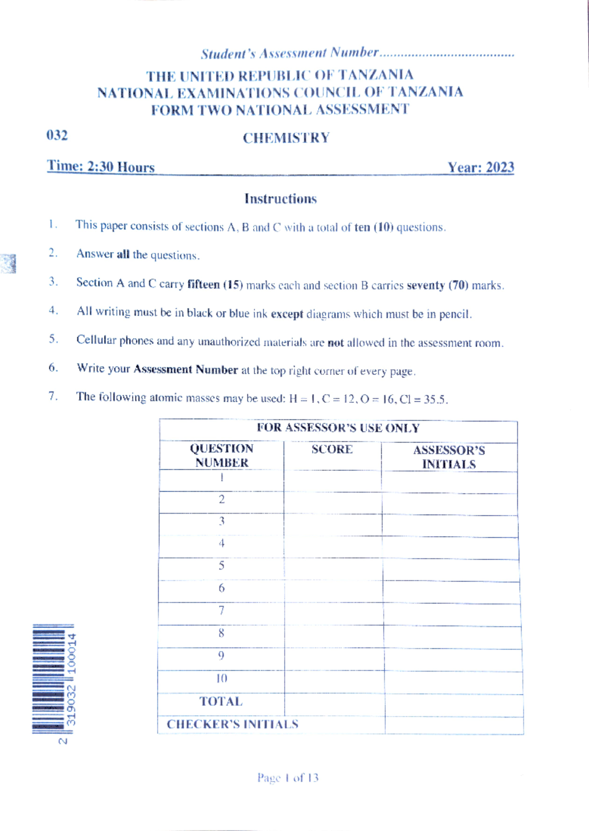 Chemistry-F2-2023 Final Assessment Paper: National Exam Guide - Studocu