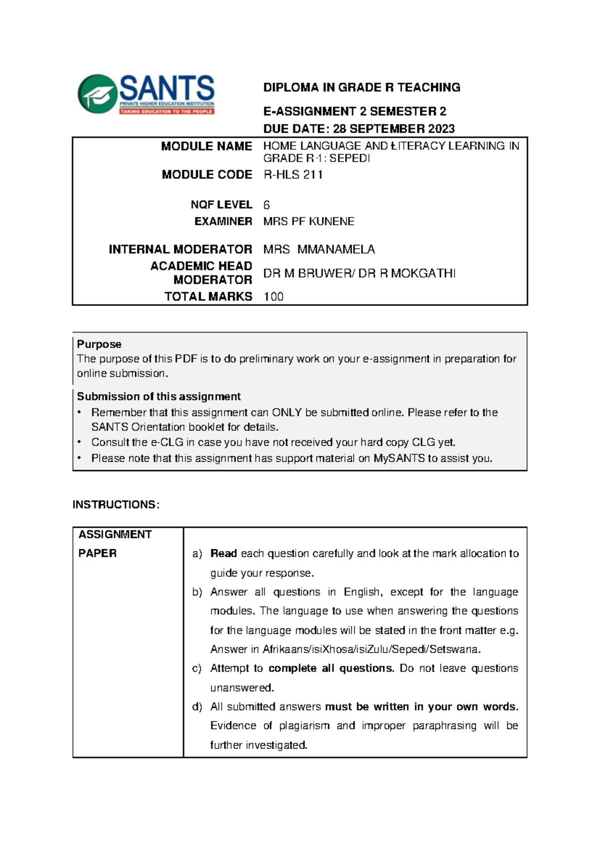 E-Assignment 2: Home Language & Literacy Learning in Grade R (R-HLS 211 ...