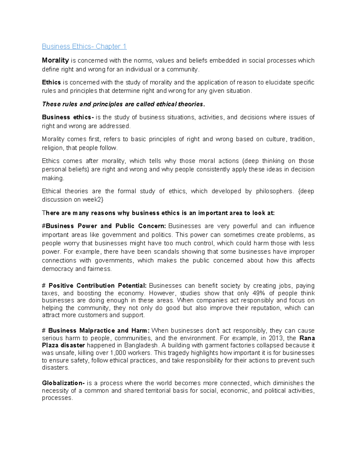 Business Ethics - Important notes Week 1 - Business Ethics- Chapter 1 ...
