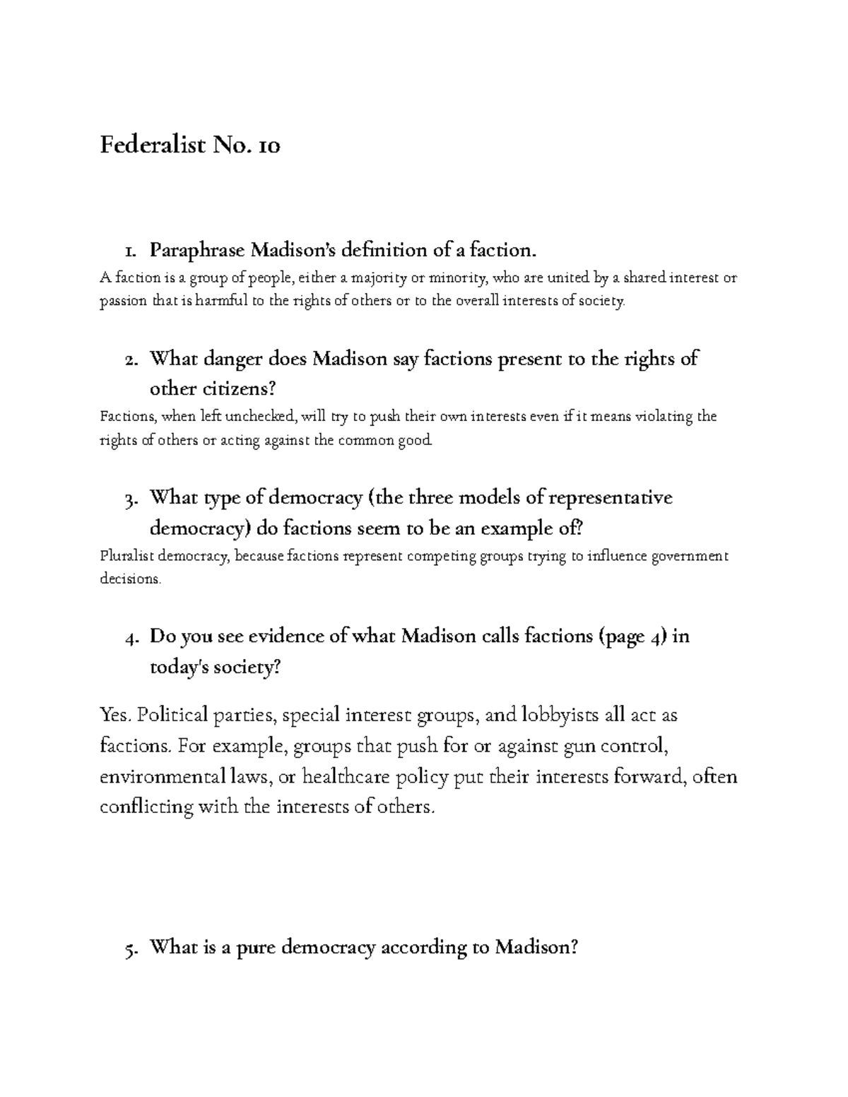 Federalist No. 10: Understanding Factions and Democracy - Studocu