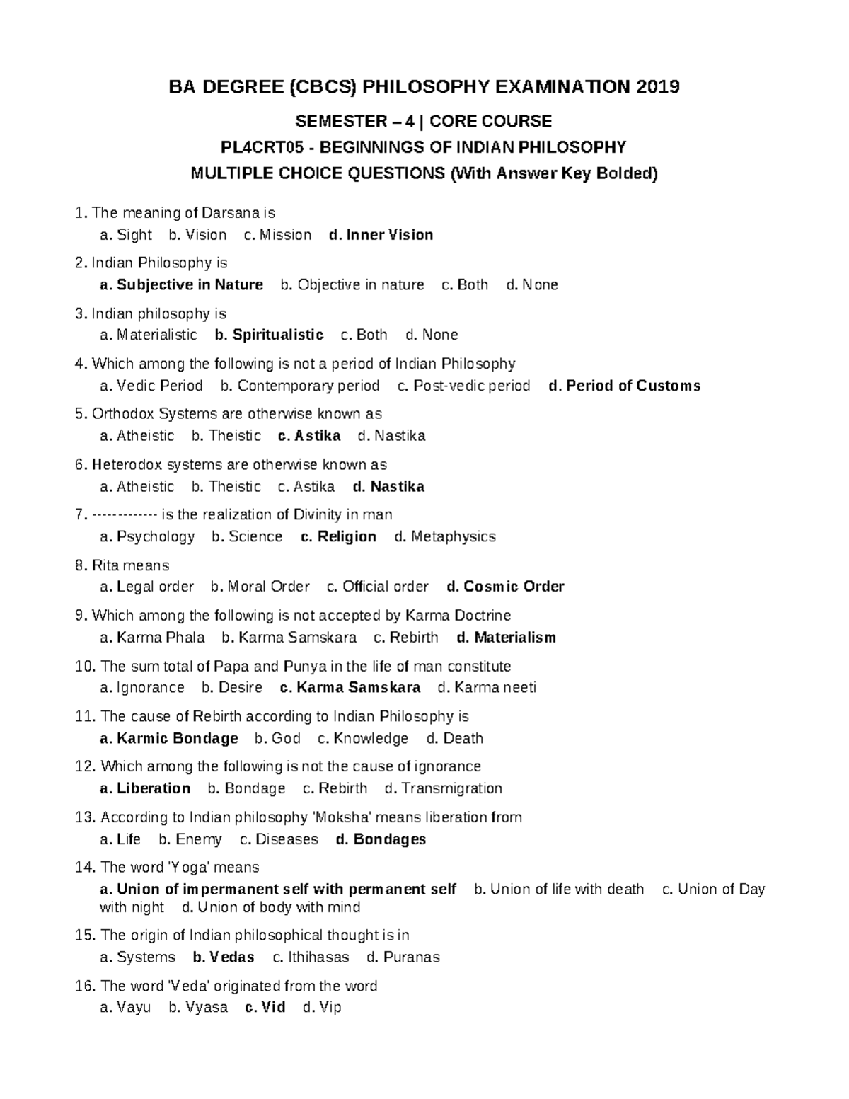 BA PHILOSOPHY SEM 4 PL4CRT05 INDIAN PHILOSOPHY MCQ WITH ANSWERS - Studocu