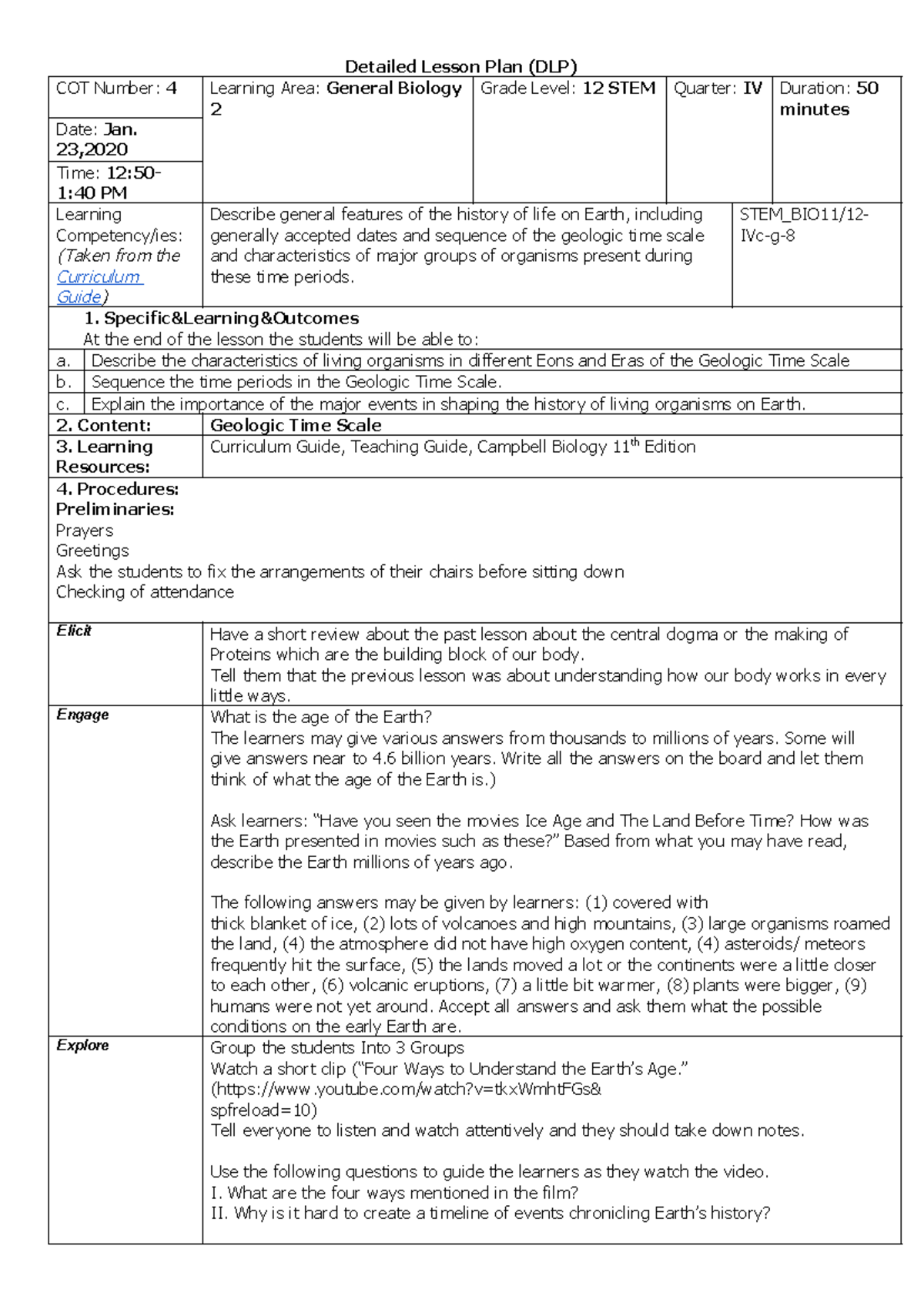COT 4: Detailed Lesson Plan on Geologic Time Scale for Grade 12 STEM ...