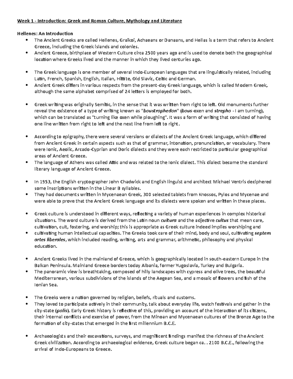 Week 1 - Lecture Notes on Greek and Roman Culture and Literature - Studocu
