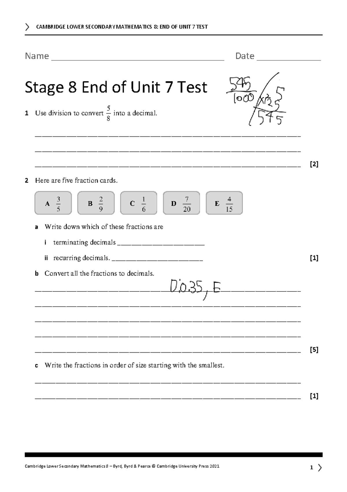 CAMBRIDGE LOWER SECONDARY MATH 8: END OF UNIT 7 TEST - Studocu