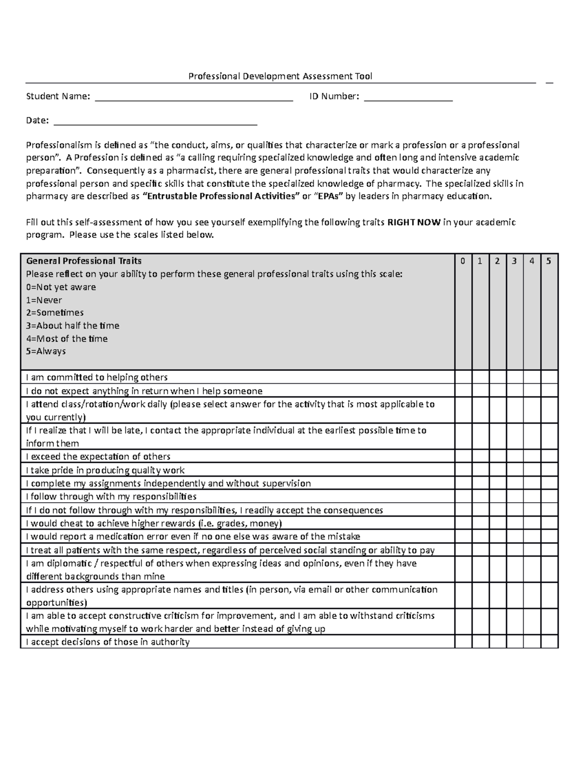 Professional Development Assessment Tool Professionalism - Professional ...