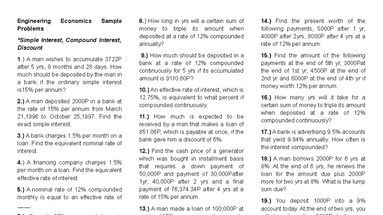 Engineering Economics Sample Problems: Interest, Discount & Annuities ...