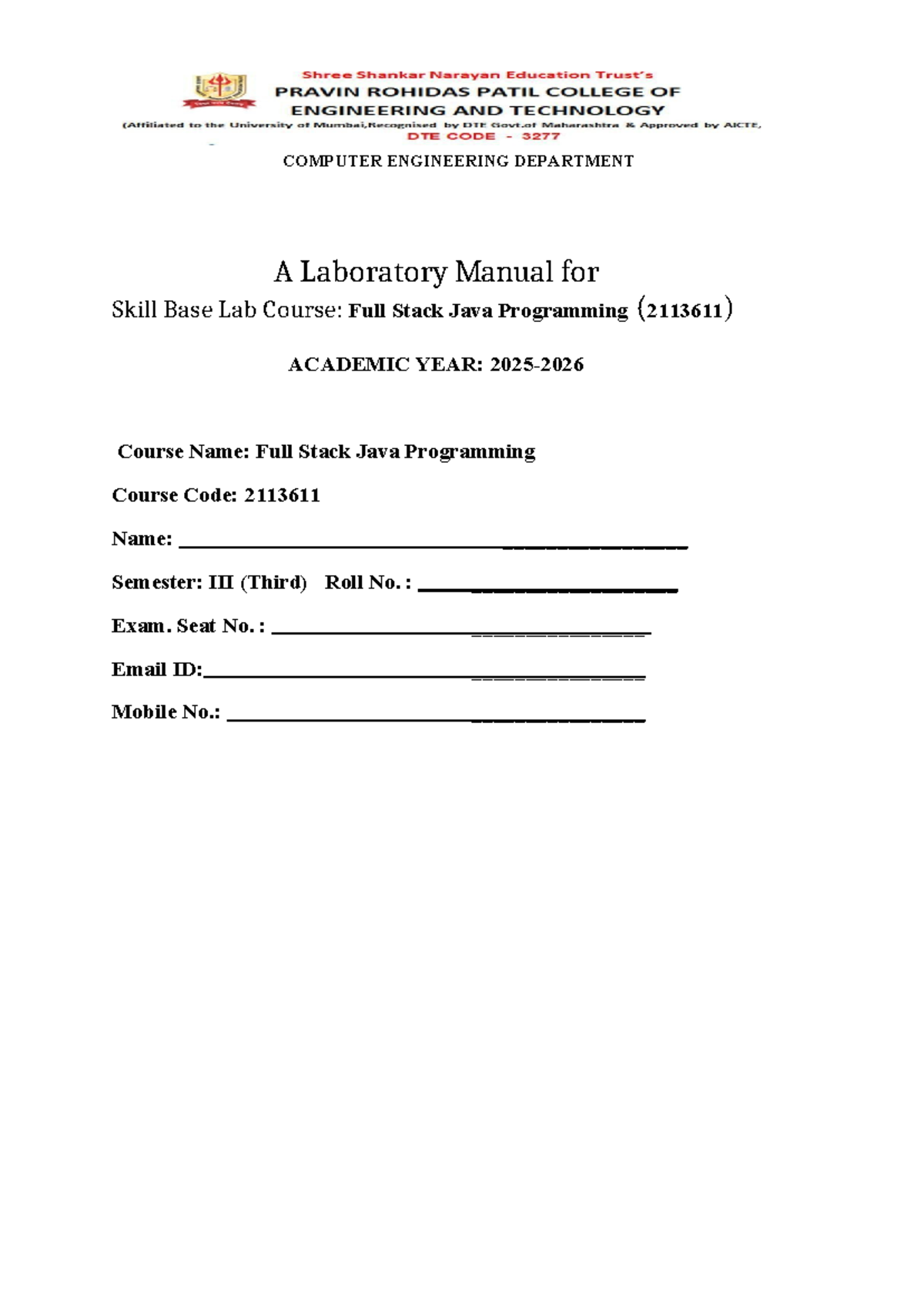 Full Stack Java Programming Lab Manual (2113611) - Academic Year 2025 ...